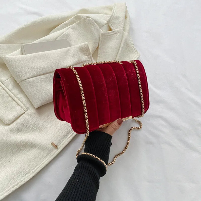 Red Velvet Handbag With Gold Chain Strap on Luulla