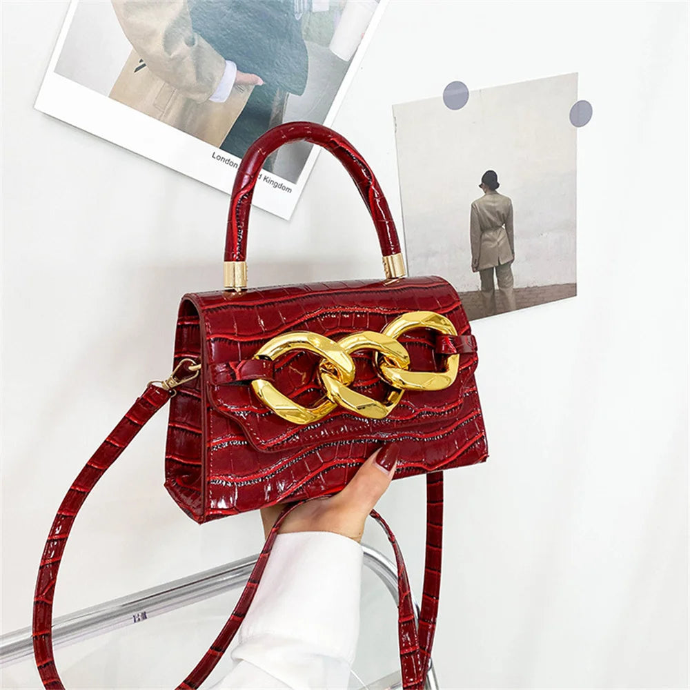 Elegant Red Croc-embossed Handbag With Gold Chain on Luulla