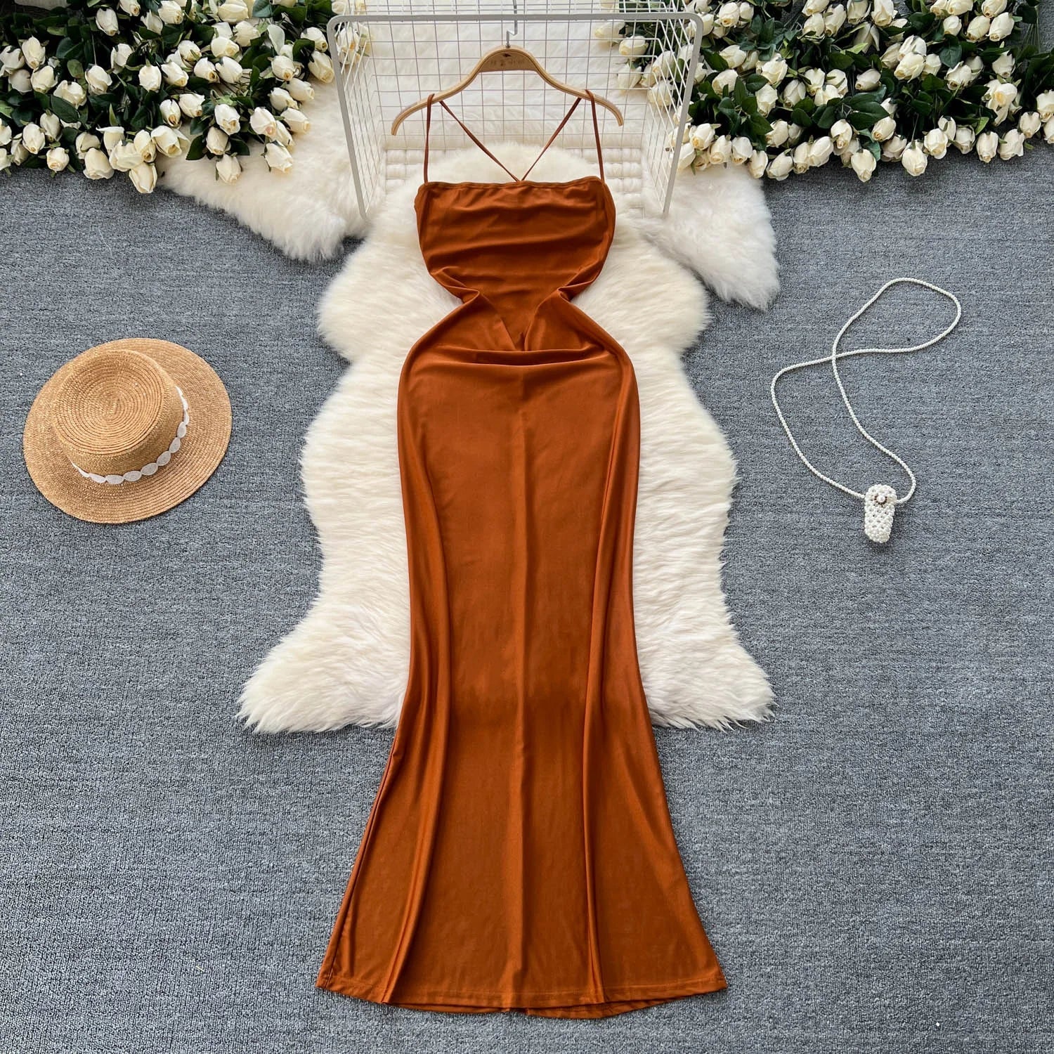 Elegant Rust Bodycon Maxi Dress For Women on Luulla