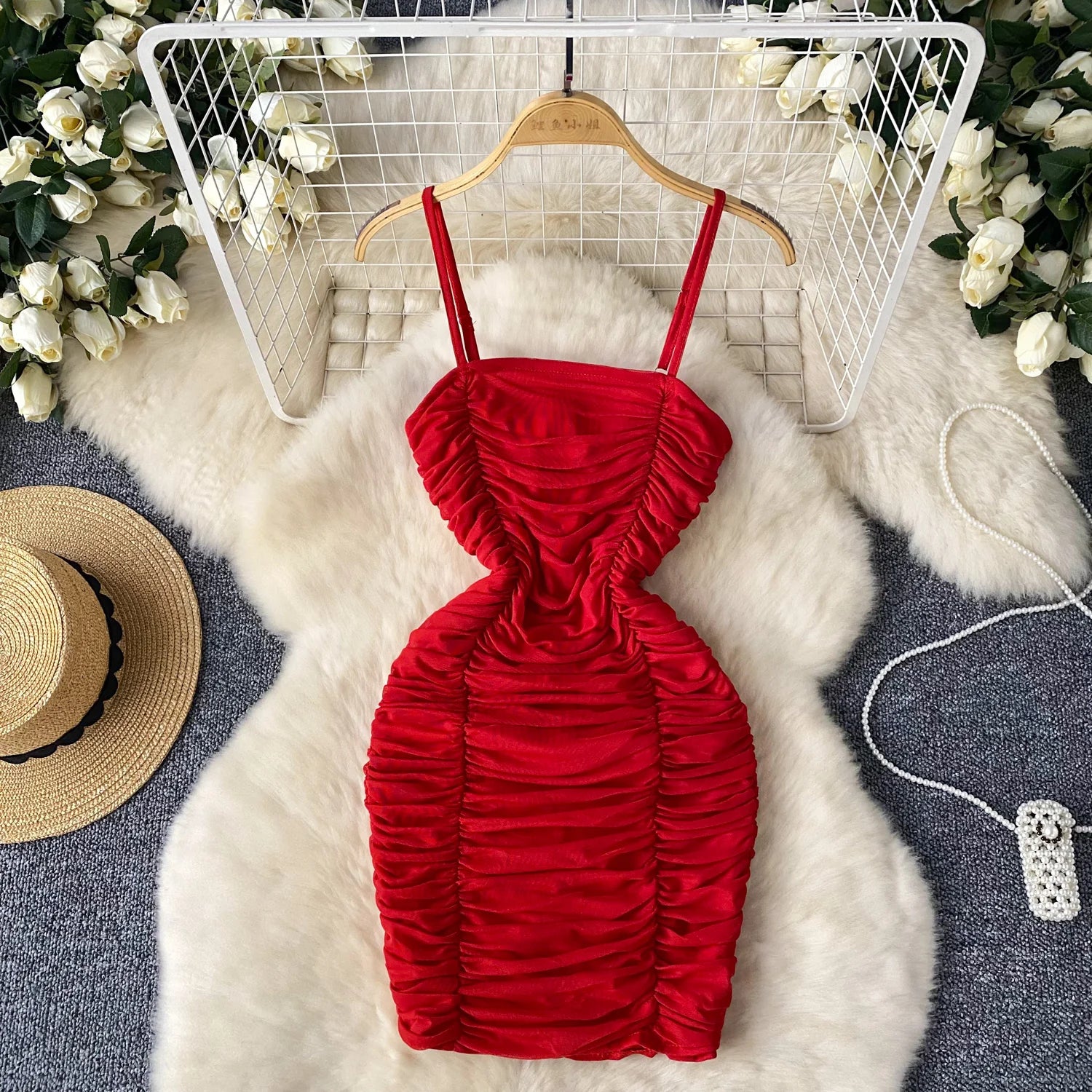 Red Ruched Bodycon Mini Dress With Straps on Luulla