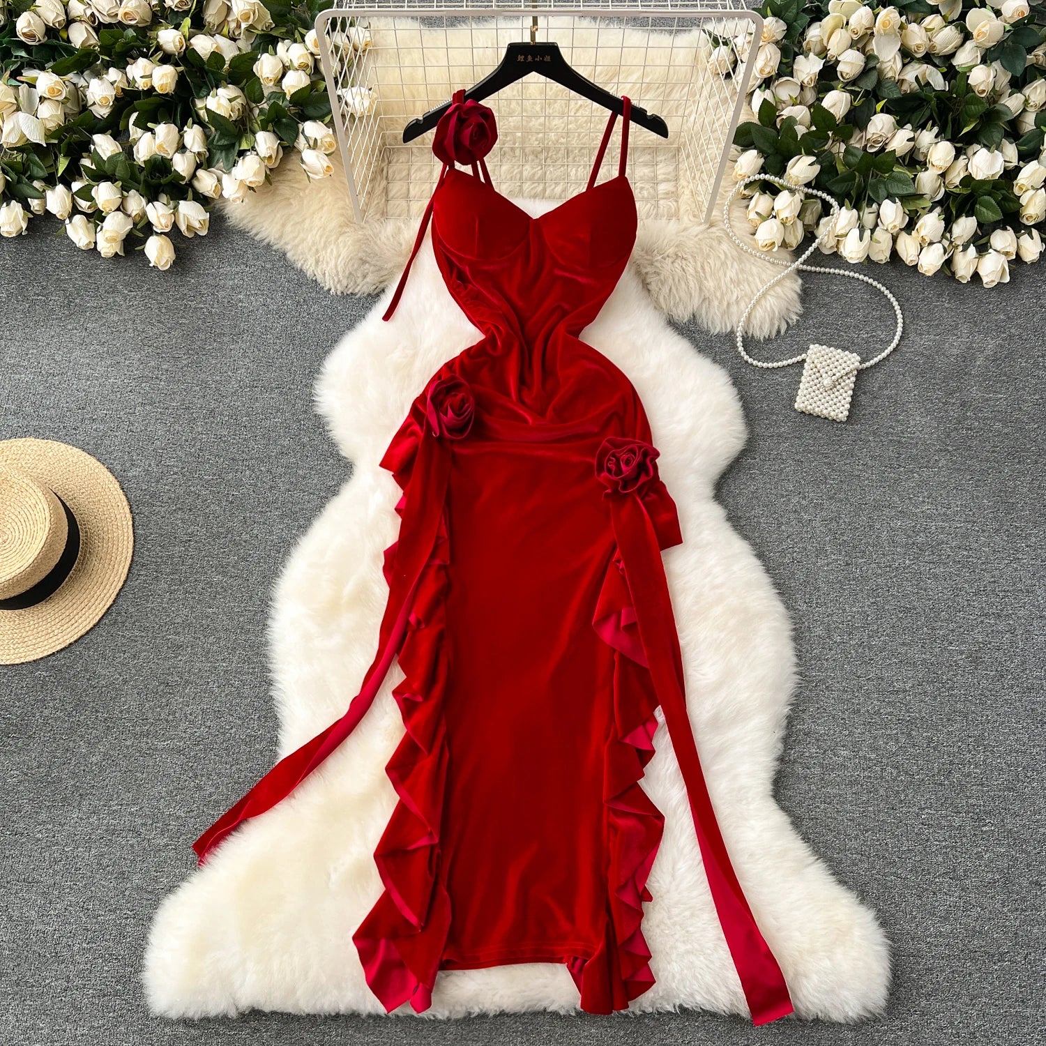 Elegant Red Velvet Evening Dress With Ruffles on Luulla