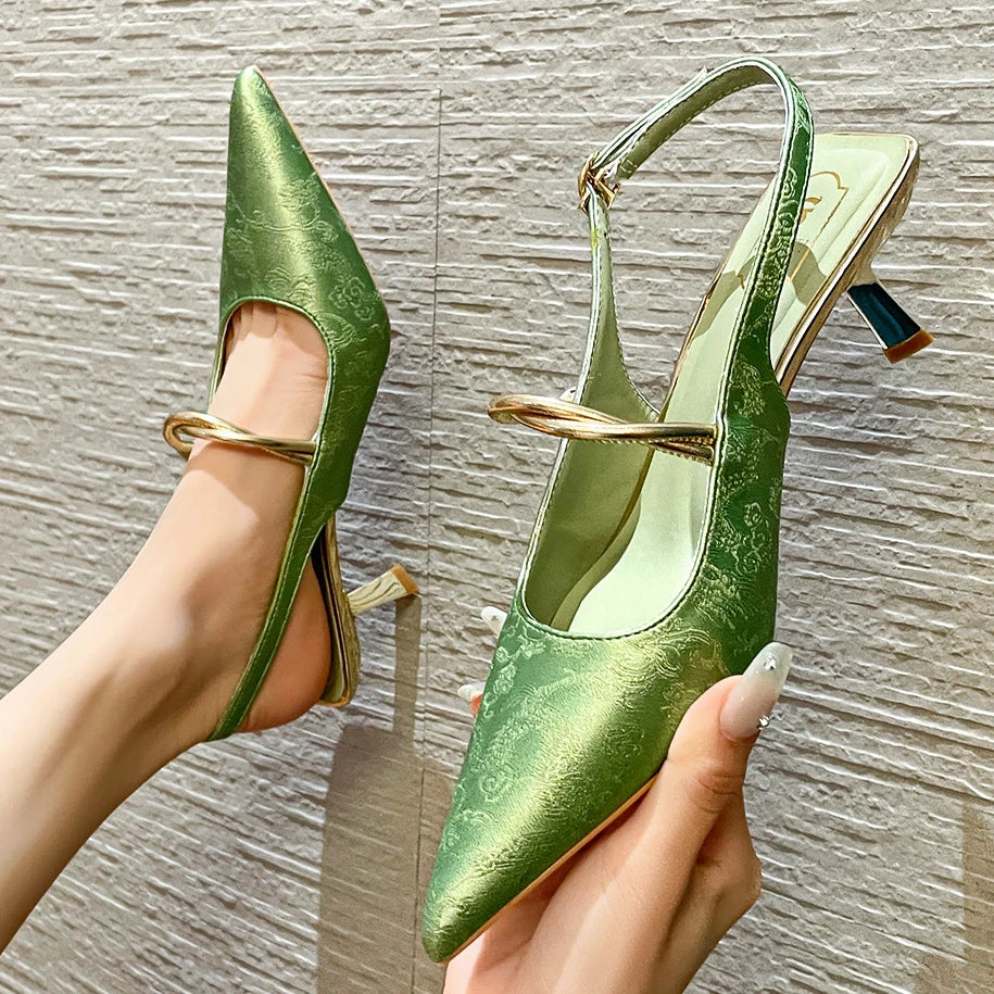Elegant Green Satin Pointed Toe Slingbacks on Luulla