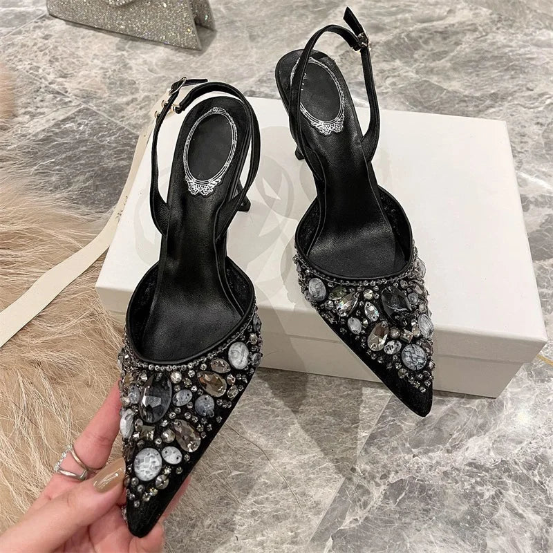 Elegant Rhinestone Black Pointed Toe Slingbacks on Luulla