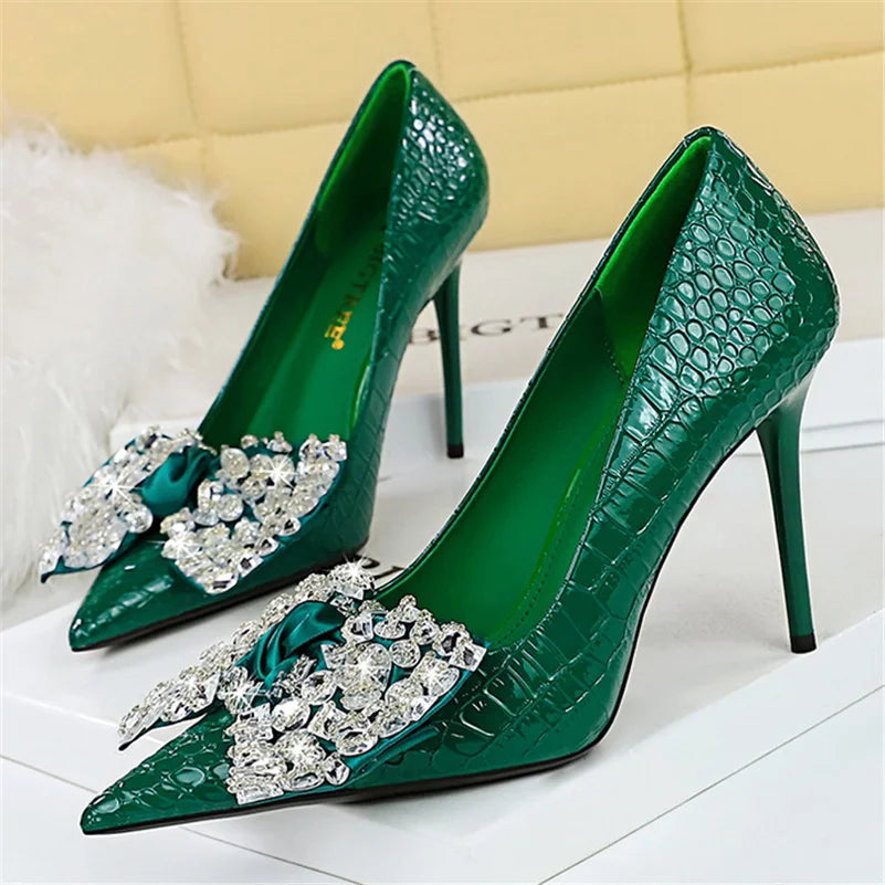 Elegant Green Croc High Heels With Rhinestones on Luulla