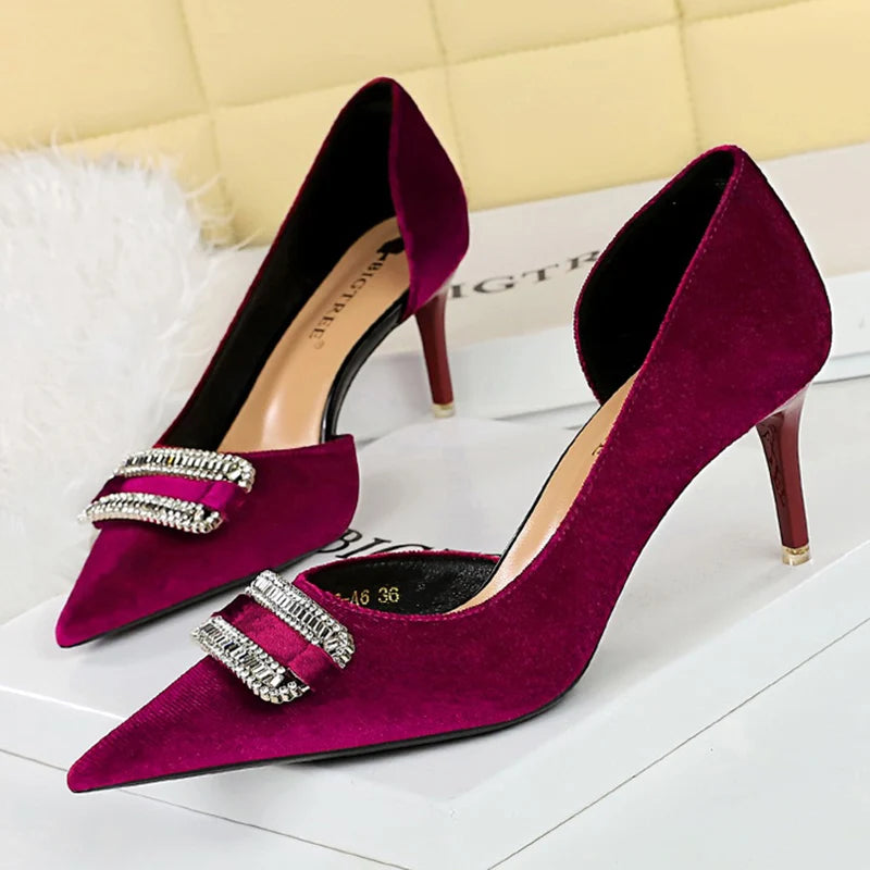 Elegant Burgundy Velvet Heels With Rhinestone Buckles on Luulla