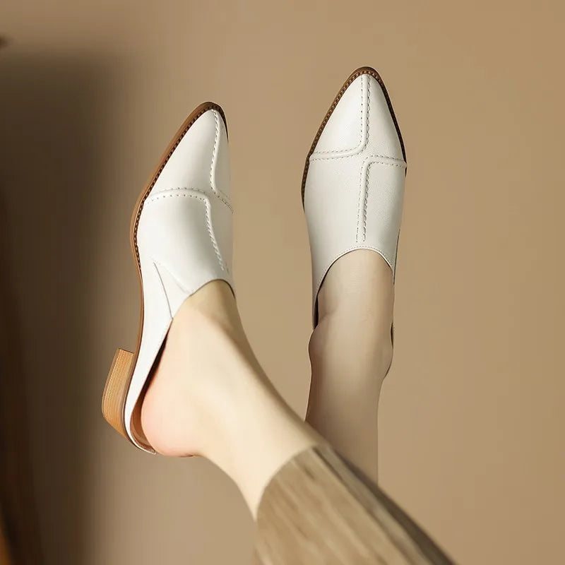 Elegant White Leather Low Heel Womens Mules on Luulla