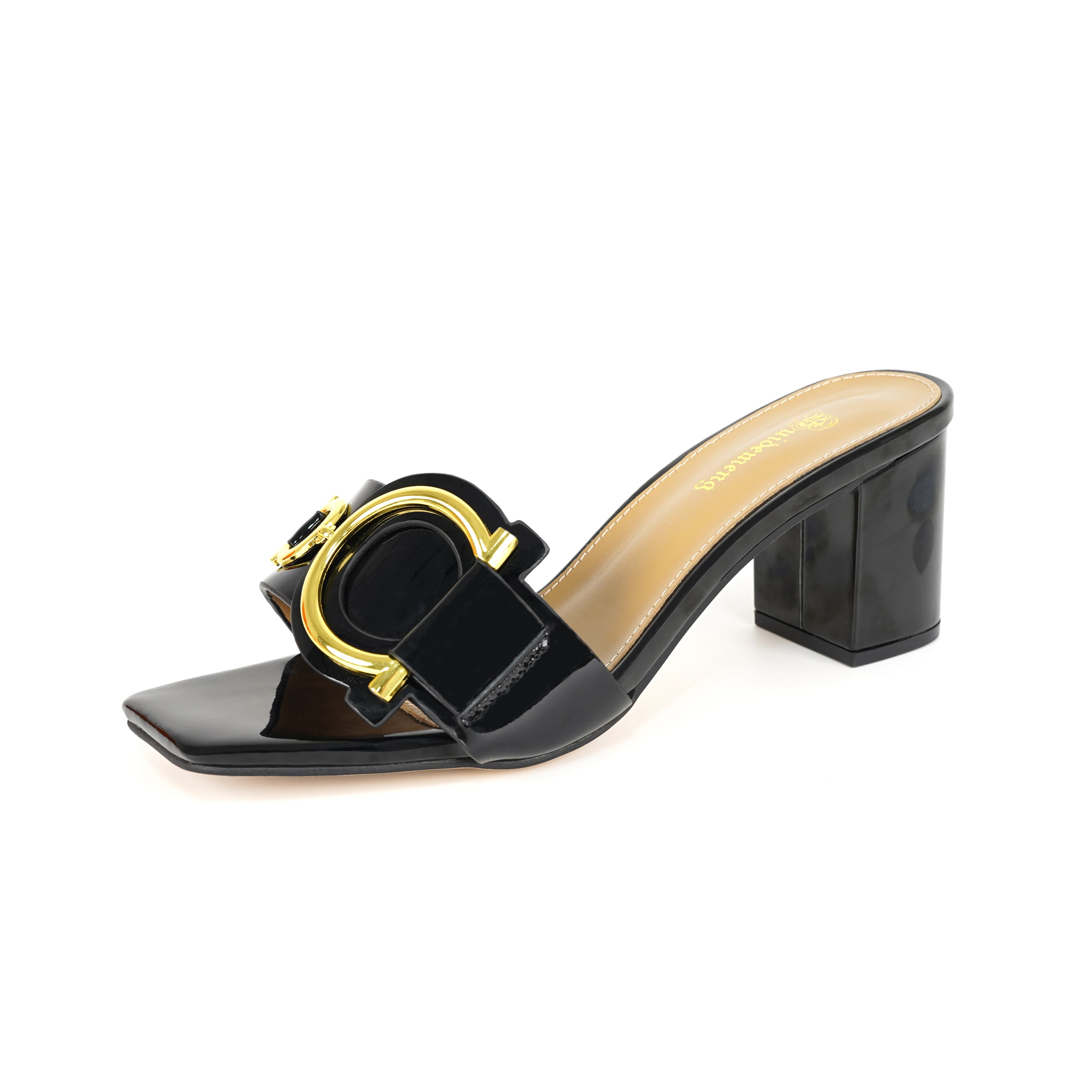 Black Patent Leather Slide Sandals With Buckle on Luulla
