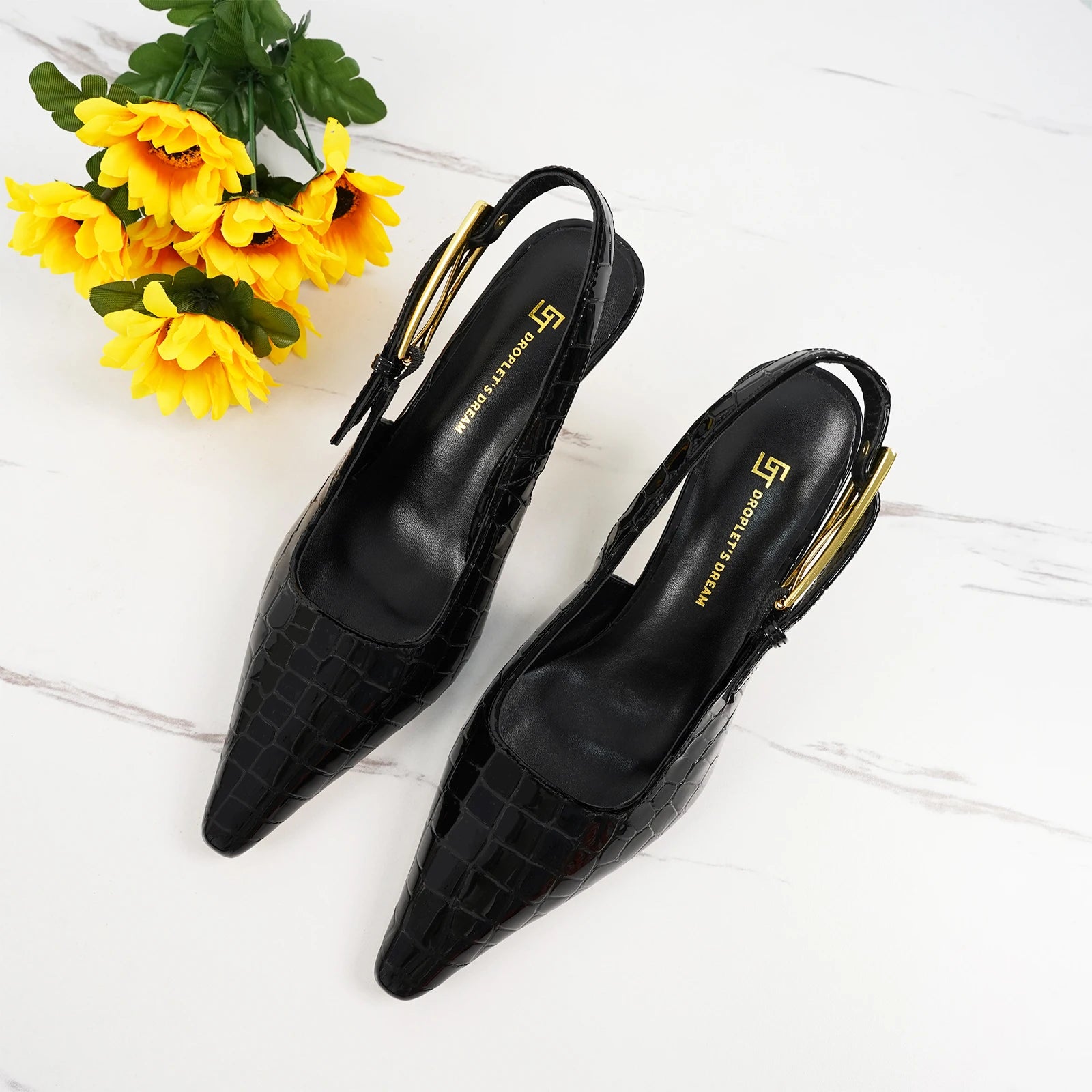 Elegant Black Croc Pointed Slingback Heels on Luulla