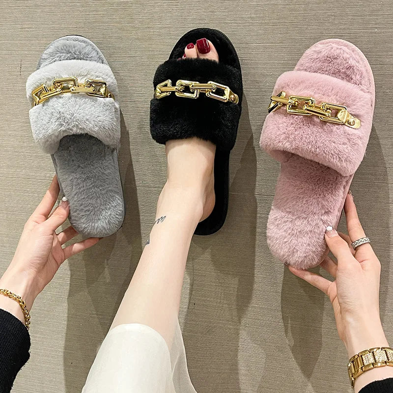 Plush Furry Chain Slide Slippers For Women on Luulla