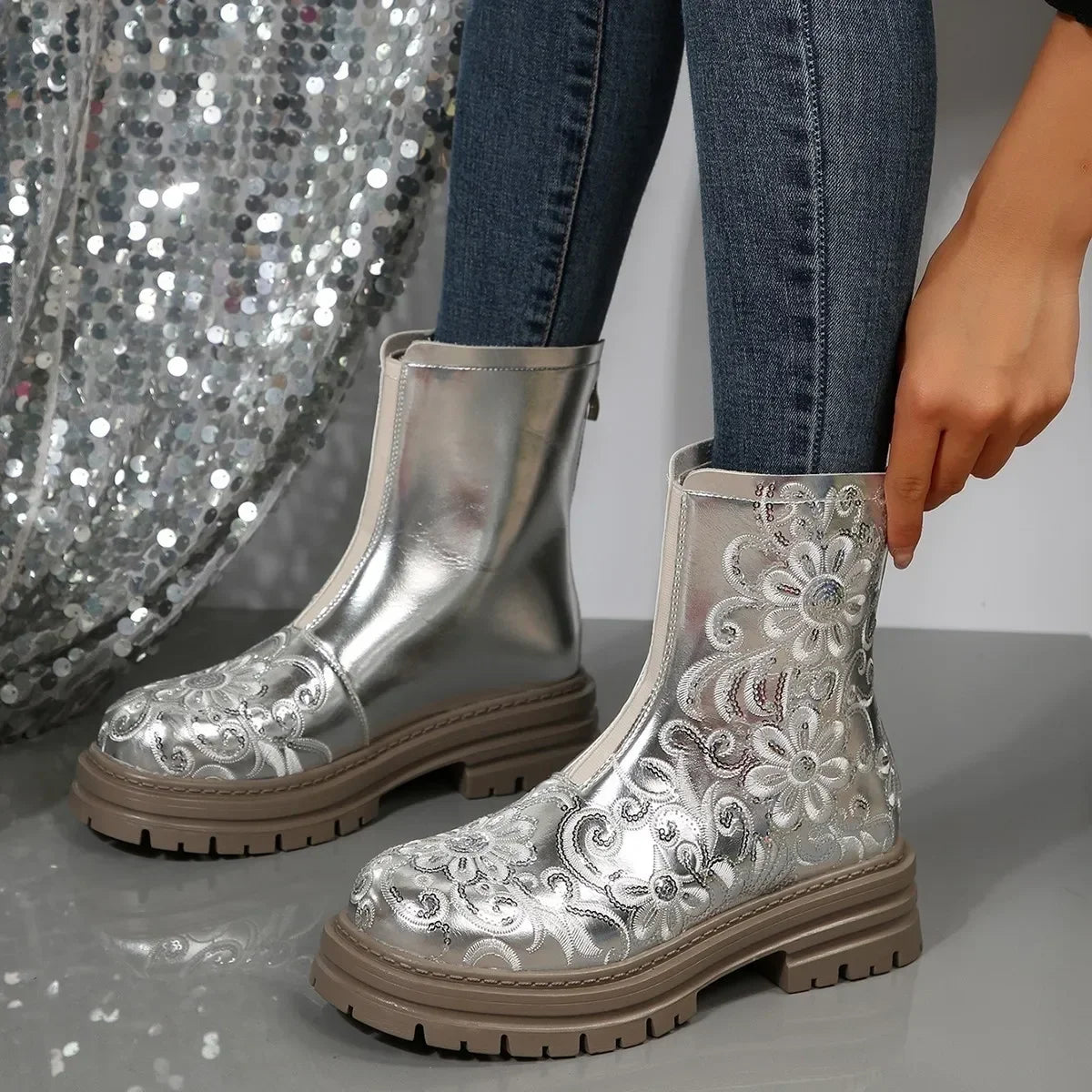Shiny Silver Floral Embroidered Ankle Combat Boots on Luulla