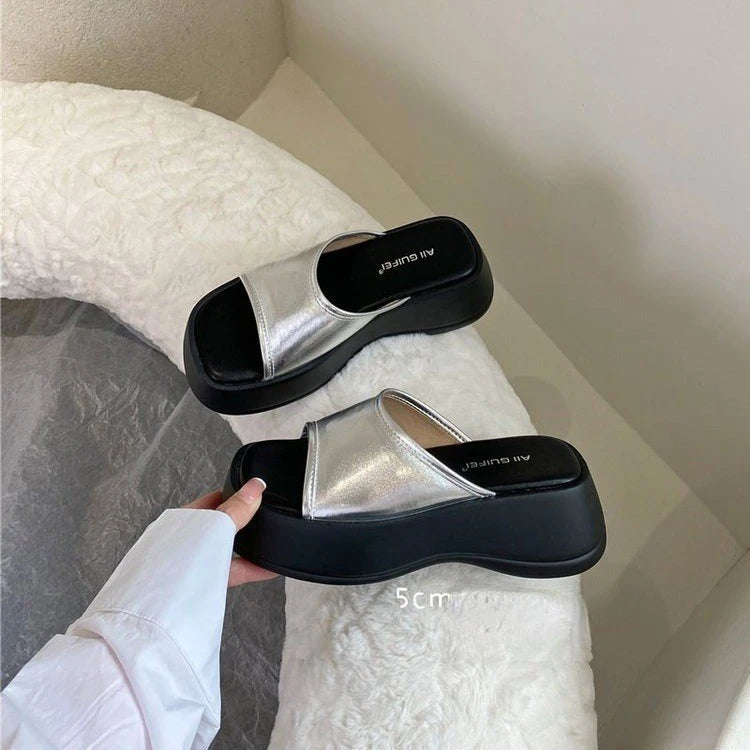 Silver Platform Slides With Chunky Black Sole on Luulla