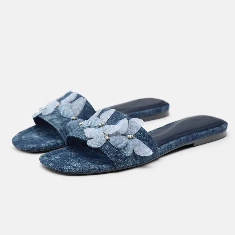 Blue Denim Butterfly Embellished Slide Sandals on Luulla
