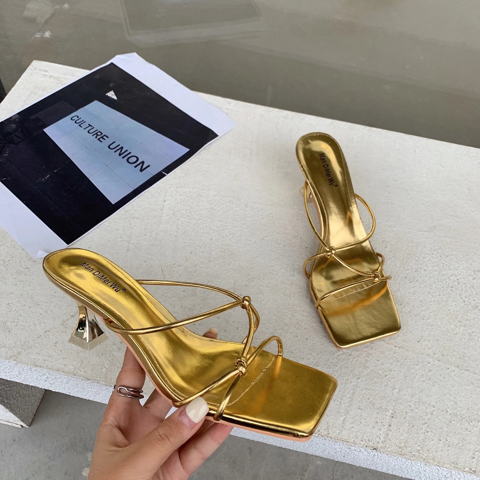 Gold Strappy Square Toe Block Heel Sandals on Luulla