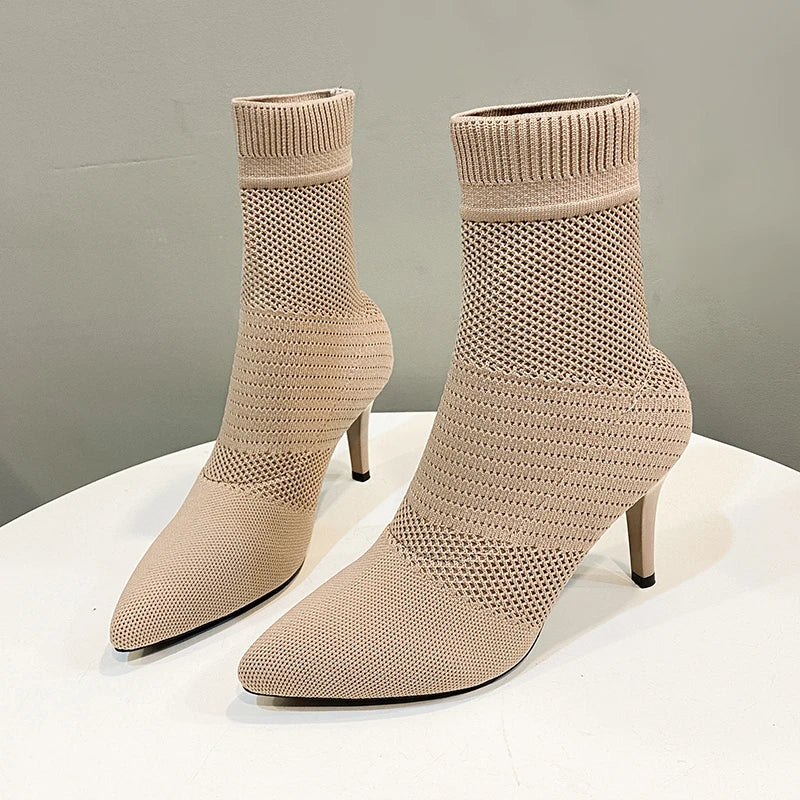 Beige Knitted High Heel Ankle Boots on Luulla