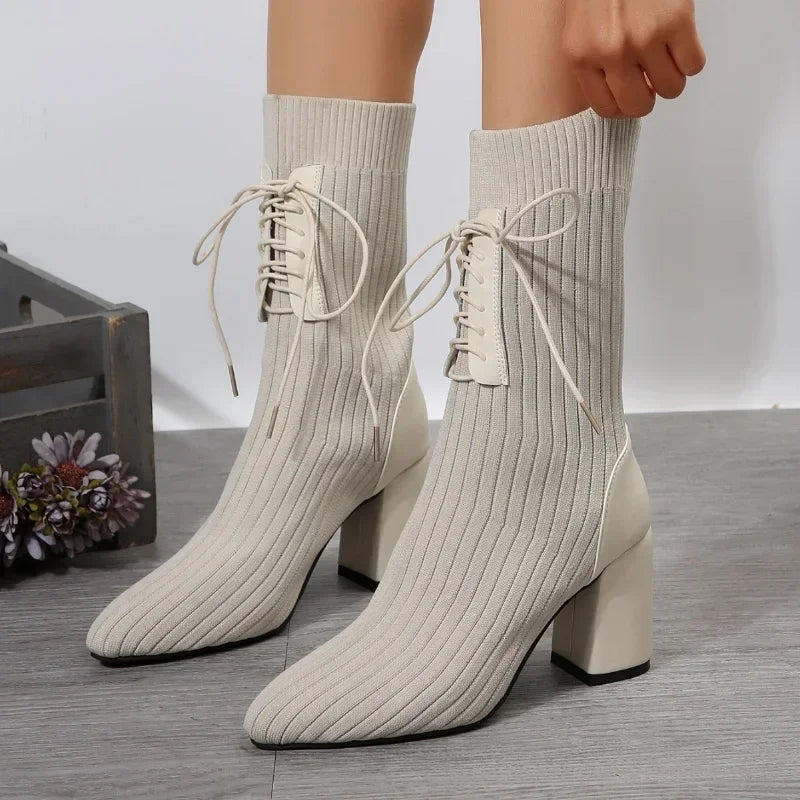 Stylish Ribbed Knit Lace-up Block Heel Boots on Luulla