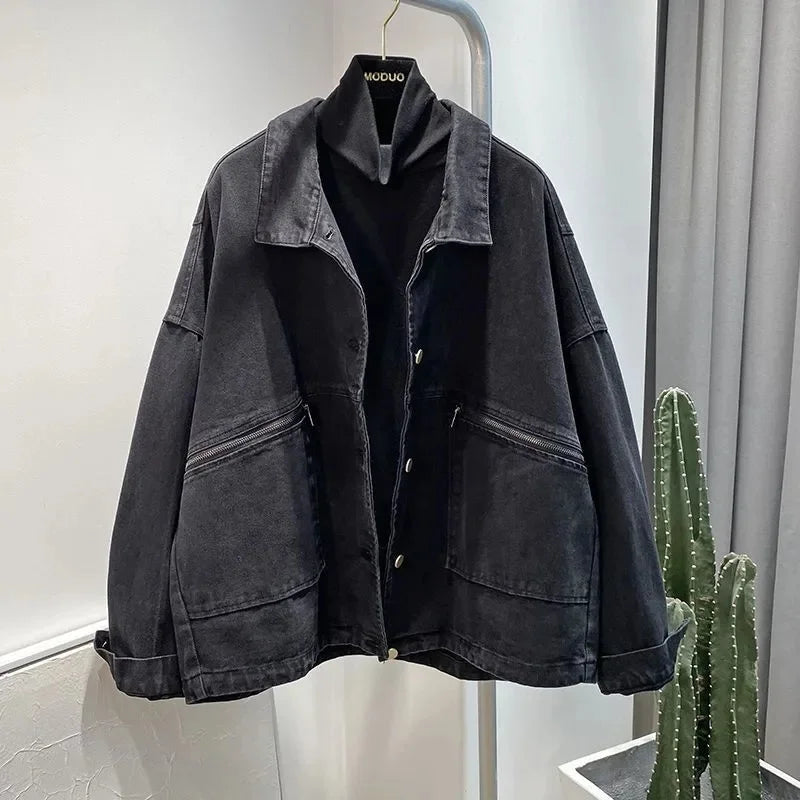 Oversized Black Denim Jacket With Front Pockets on Luulla