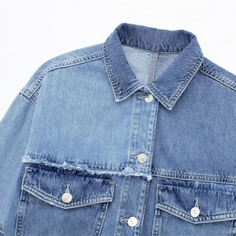 Two-tone Cropped Denim Jacket With Pockets on Luulla