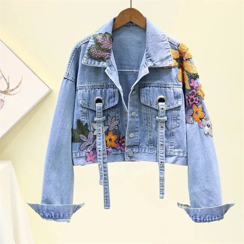 Floral Embroidered Cropped Denim Jacket With Straps on Luulla