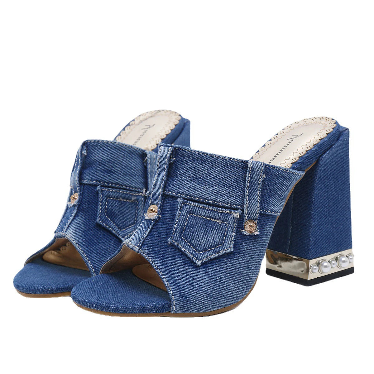 Denim Block Heels With Pocket Detailing Design on Luulla