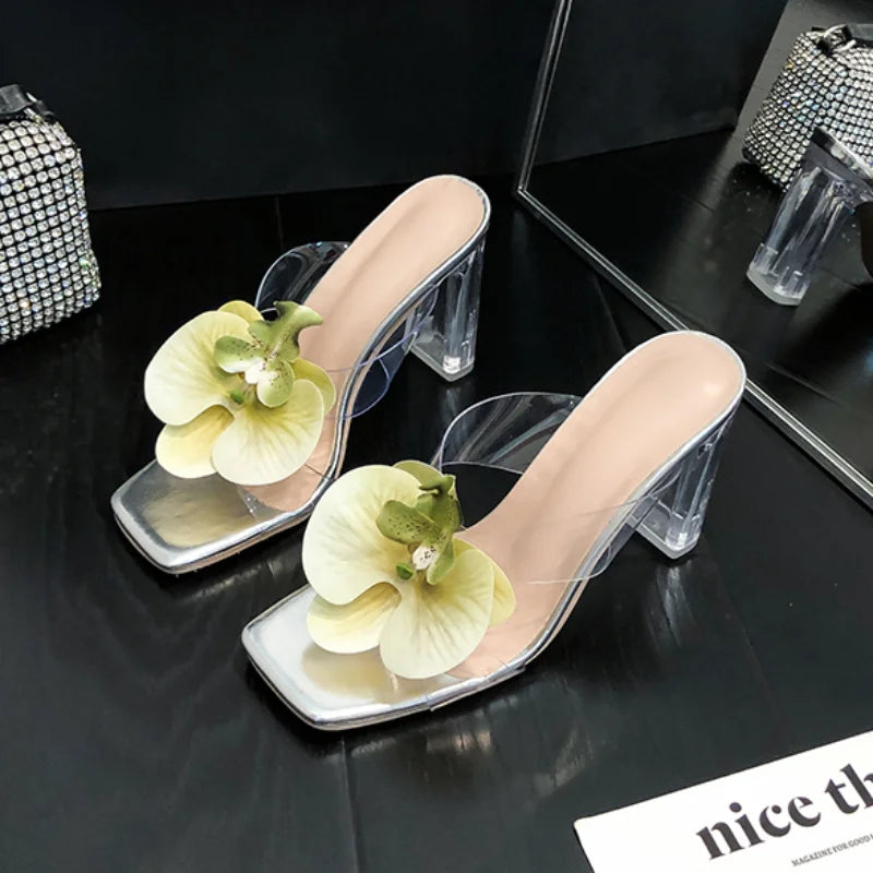 Transparent Heeled Sandals With Floral Accent Design on Luulla