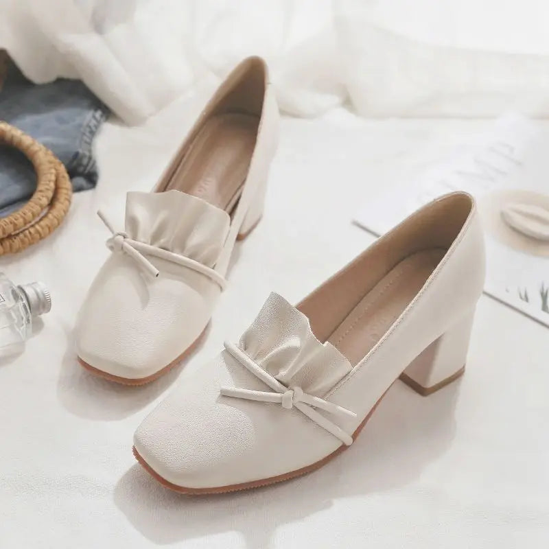 Bow Accent Chunky Heel Slip-on Shoes on Luulla