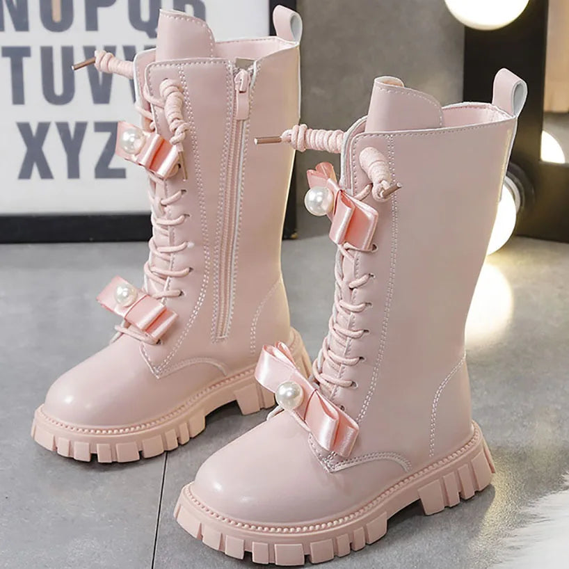Pink Lace-up Boots With Ribbon Bow Detail on Luulla