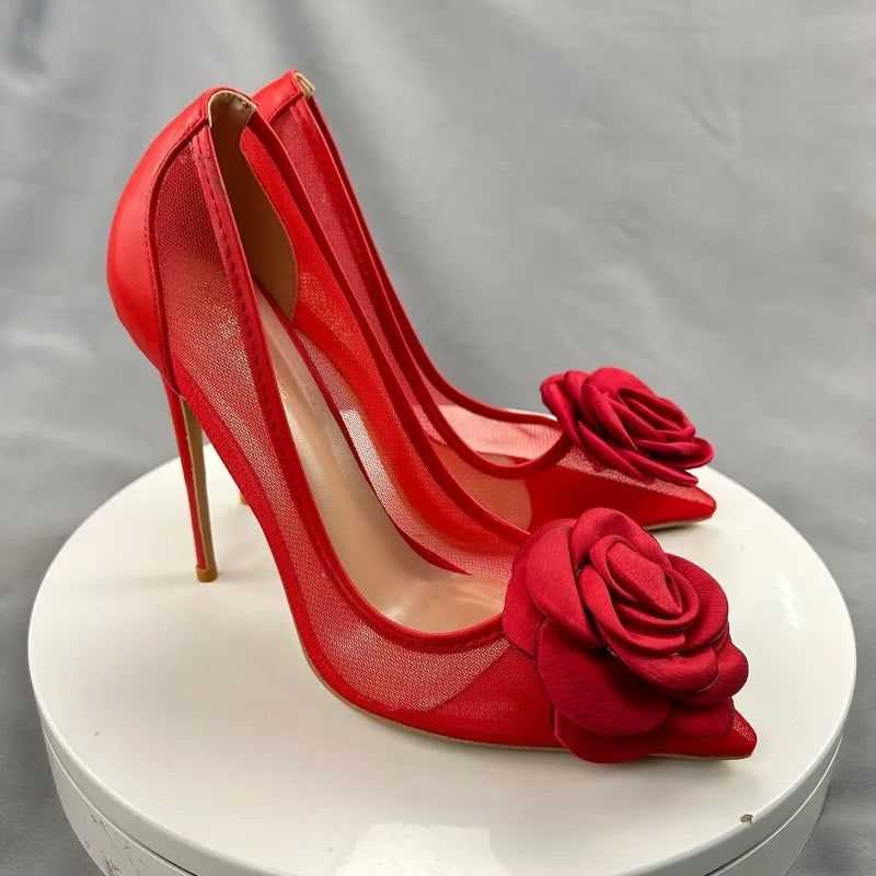 Red Rose Mesh Stiletto Heels With Floral Accent on Luulla