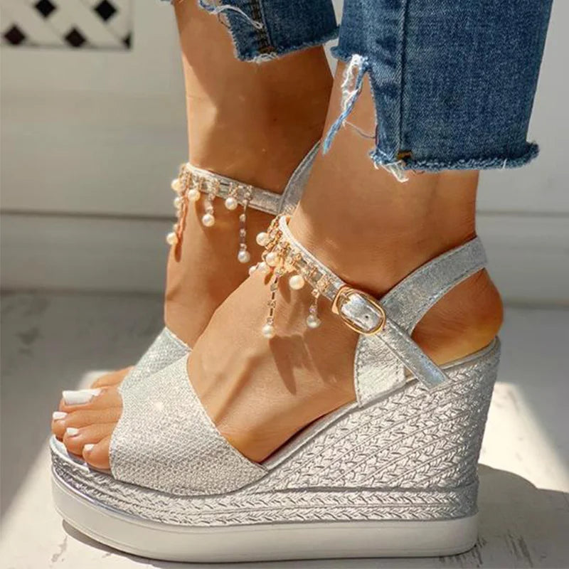 Sparkling Pearl Embellished Silver Platform Wedge Sandals on Luulla