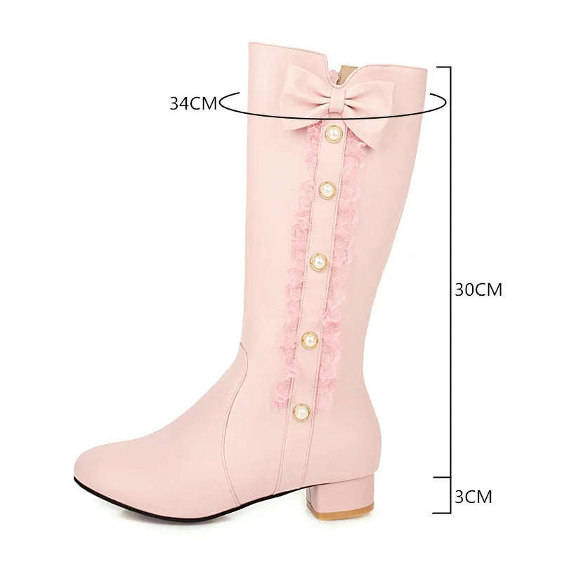 Pink Knee-high Boots With Bow And Pearls on Luulla