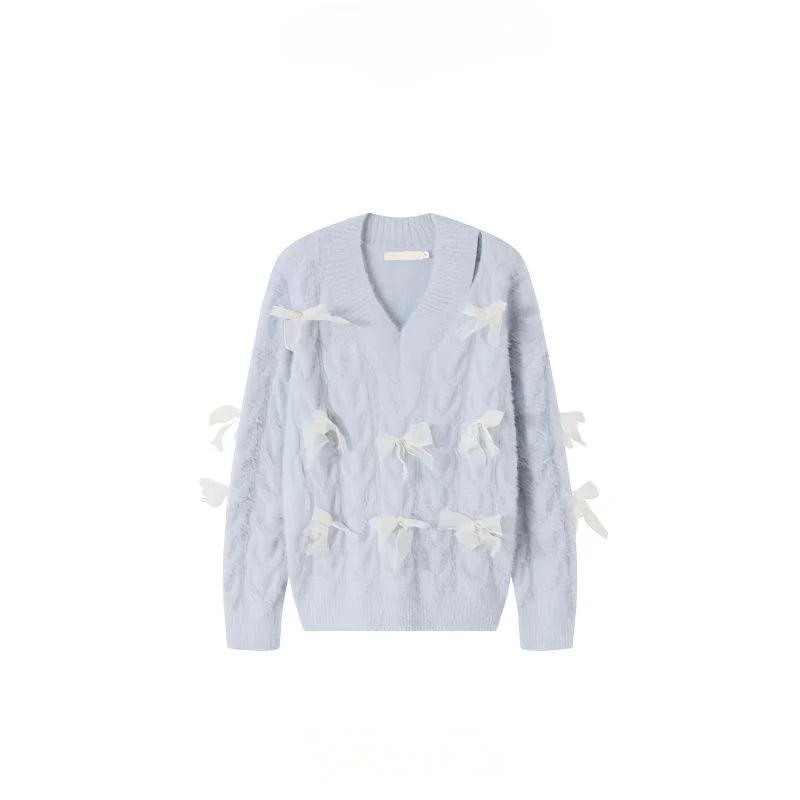 Light Blue Knit Sweater With Ribbon Details on Luulla