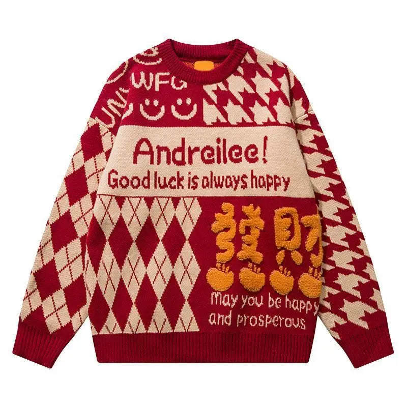Cozy Red Knit Sweater With Playful Graphic Patterns on Luulla