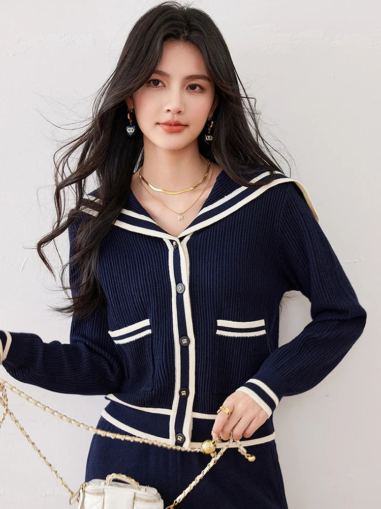 Navy Ribbed Knit Cardigan With Sailor Collar on Luulla
