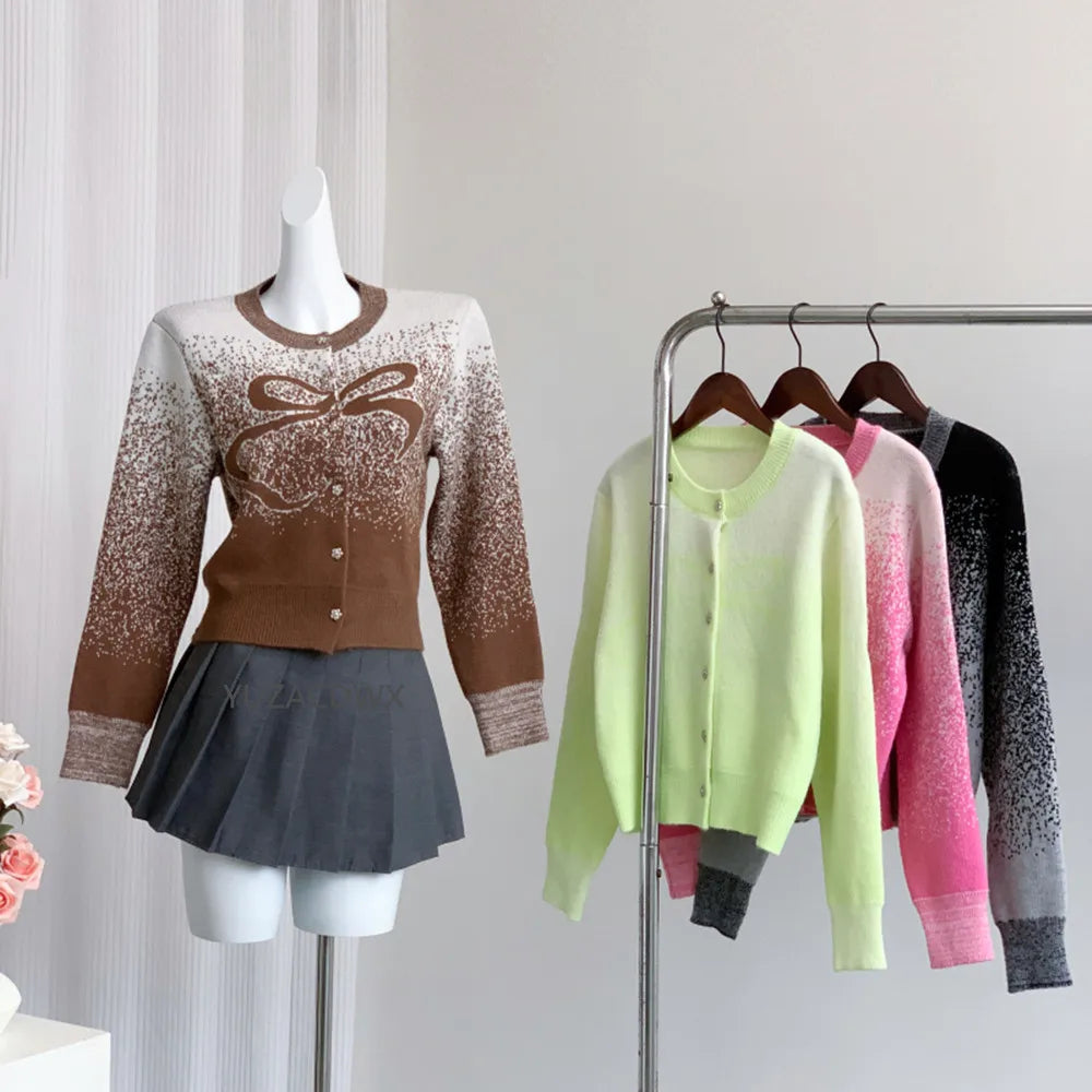Womens Gradient Knit Cardigan With Bow Accent on Luulla