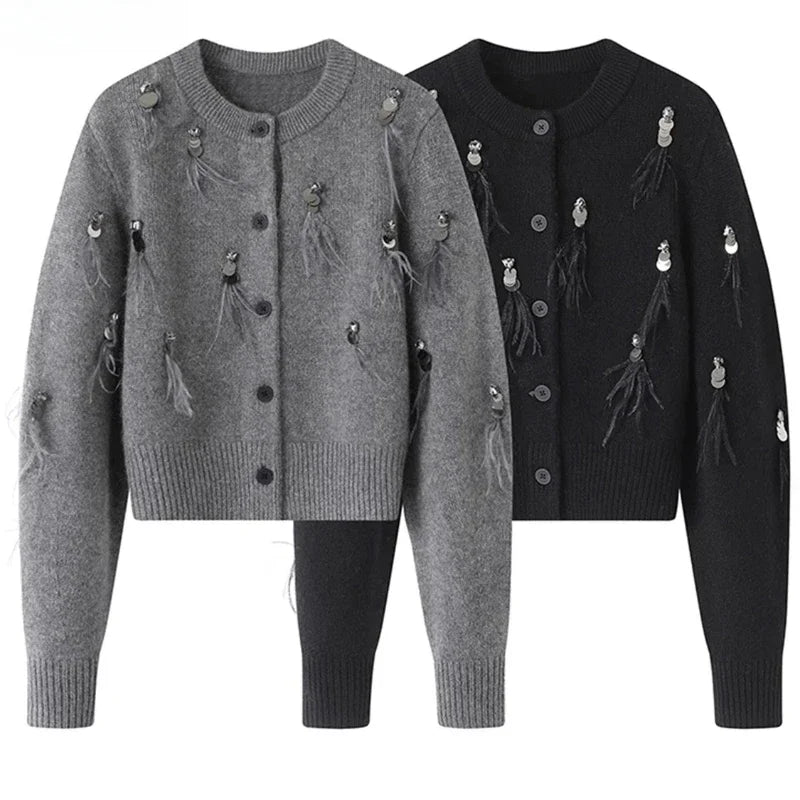 Beaded Embellished Cozy Knit Cardigan Duo Set on Luulla