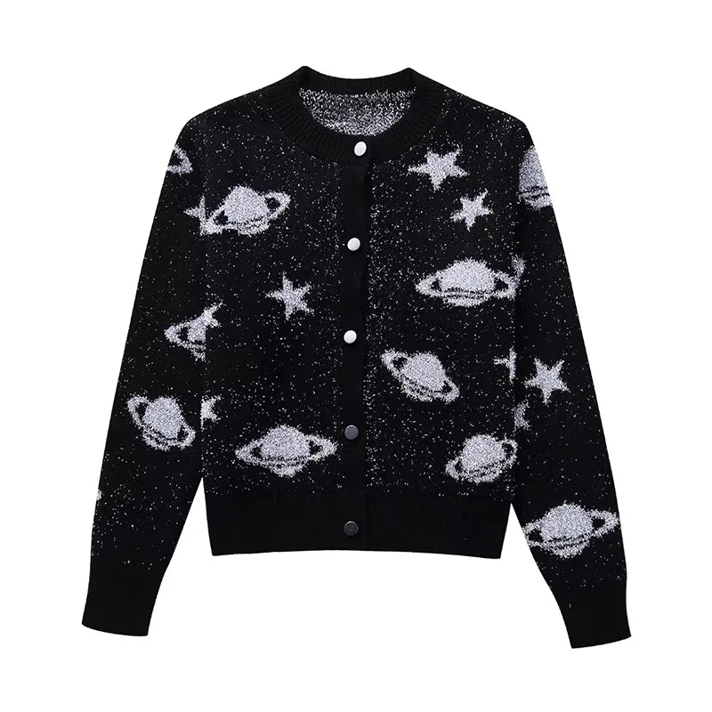 Knitted Cardigan With Cosmic Planet Star Pattern on Luulla