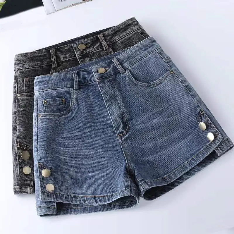 High-waist Denim Shorts With Side Buttons on Luulla
