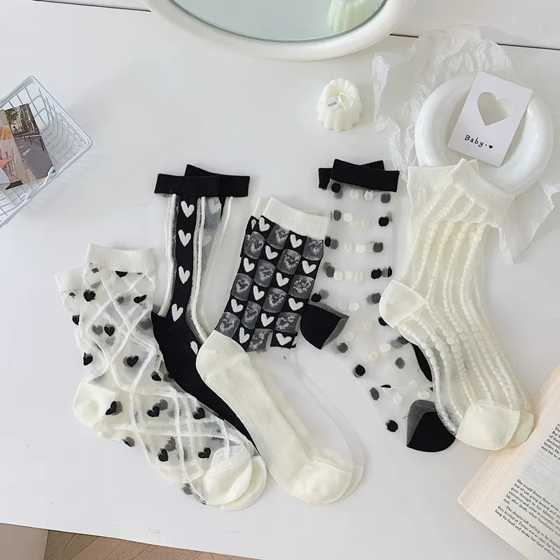 Sheer Mesh Socks With Heart And Dot Patterns on Luulla