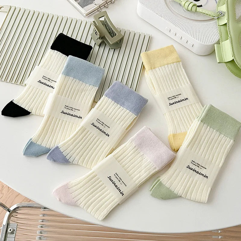 Pastel Ribbed Cotton Socks Set, Mixed Colors on Luulla