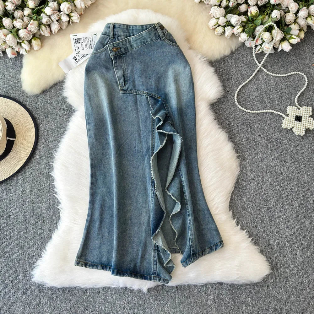 Vintage Ruffled High-waist Flare Denim Skirt on Luulla