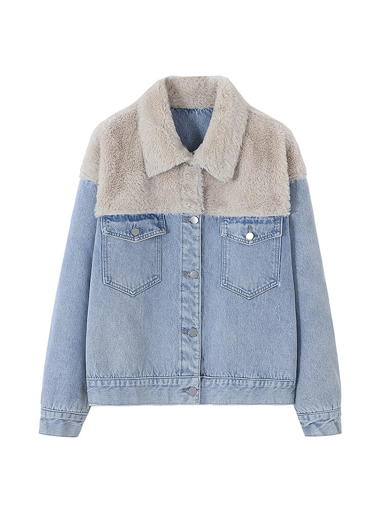 Faux Shearling Denim Jacket With Dual Pockets on Luulla