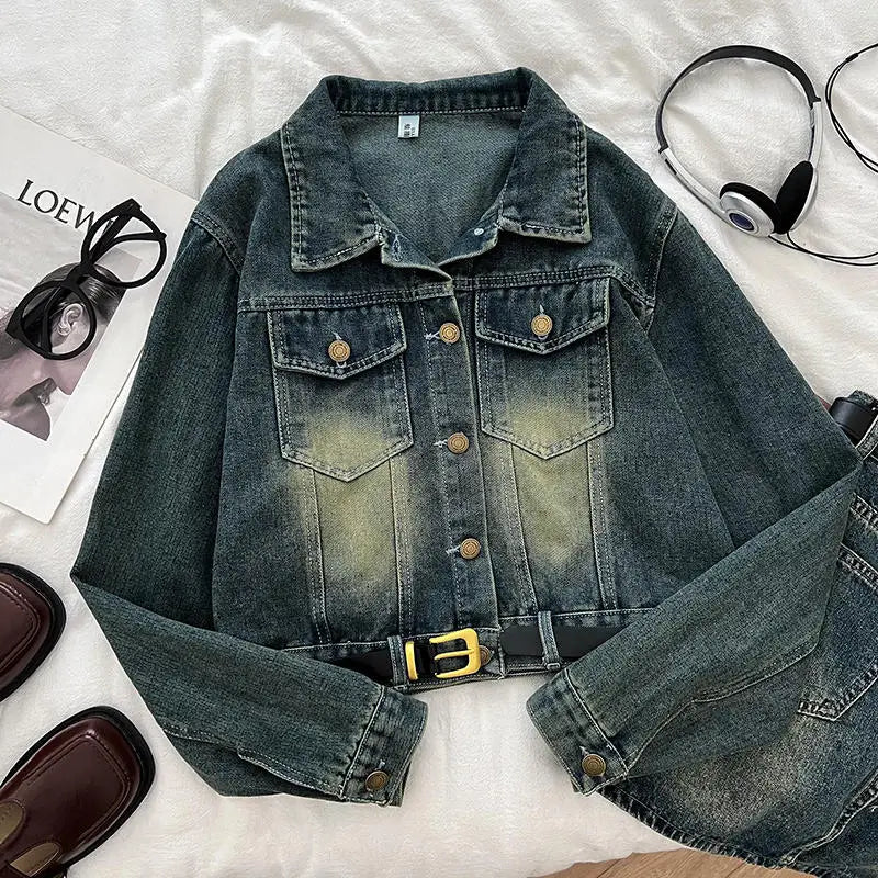 Vintage Washed Denim Jacket With Belted Waist on Luulla