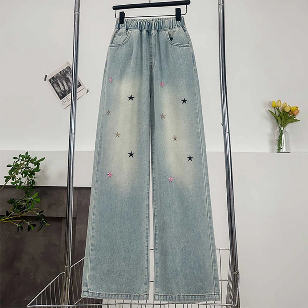 Star Embroidered Wide-leg High-waisted Denim Jeans on Luulla