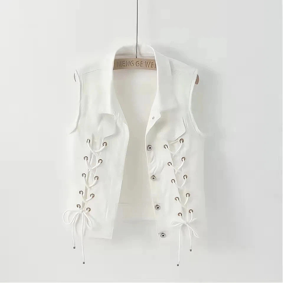 Sleeveless White Vest With Lace-up Design on Luulla