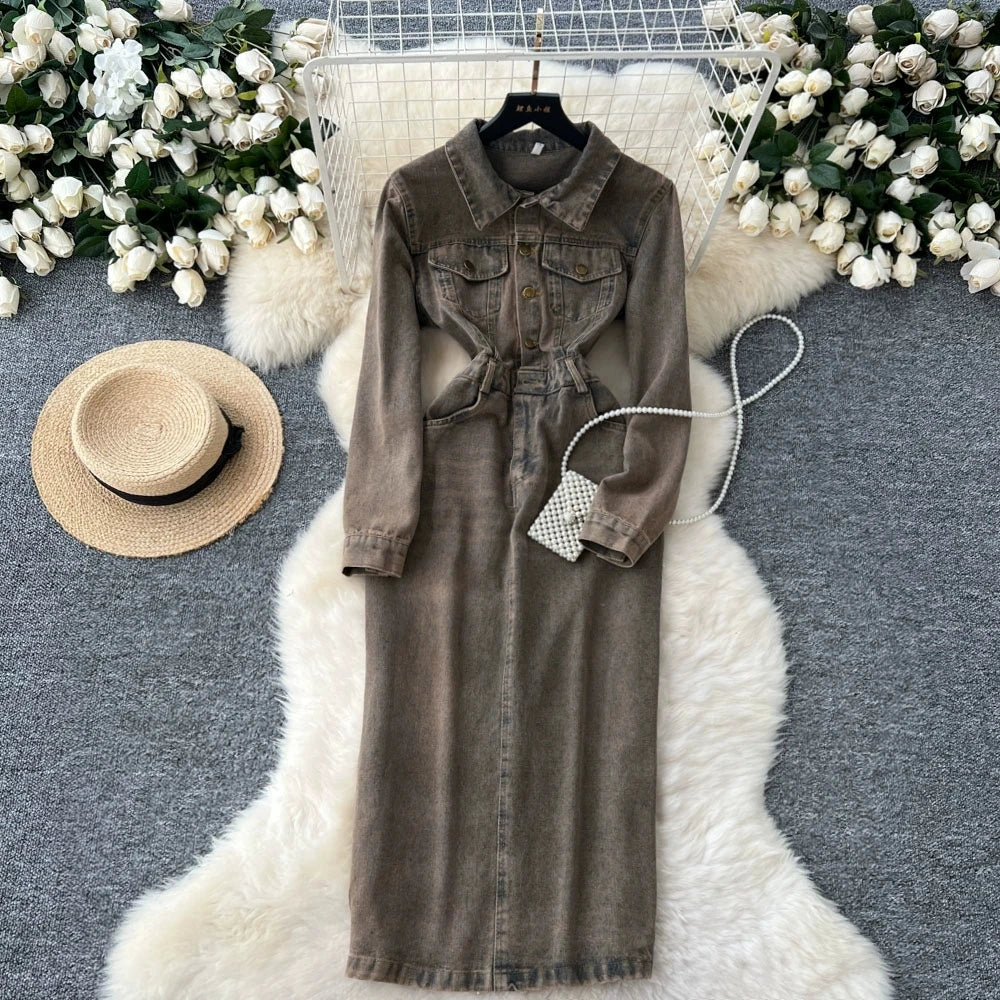 Long-sleeve Buttoned Denim Dress With Cutouts on Luulla