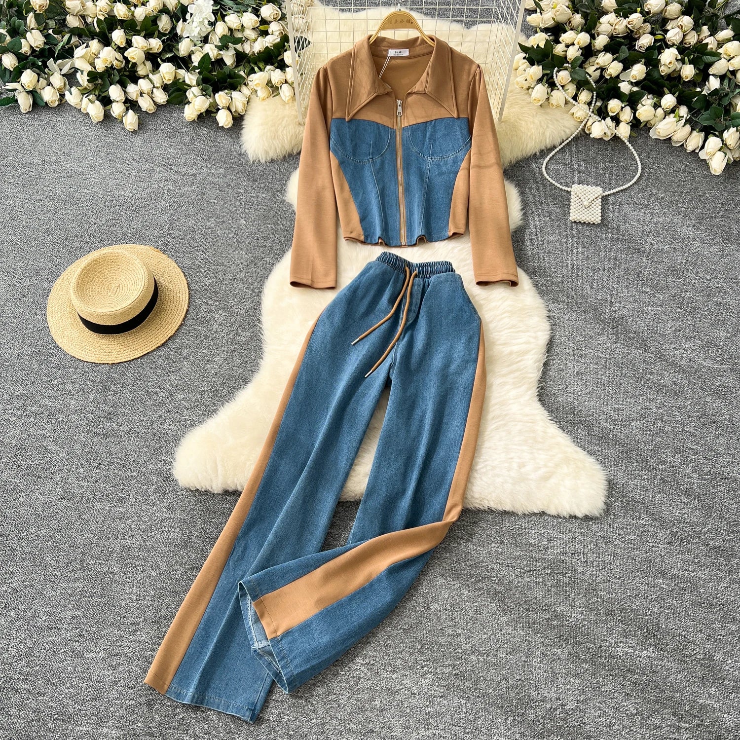 Two-tone Denim Jacket And Pants Outfit on Luulla