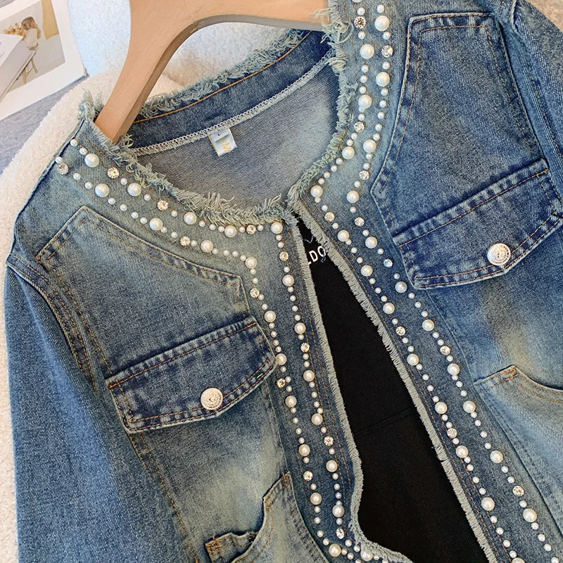 Denim Jacket With Pearl Decorative Detailing Design on Luulla