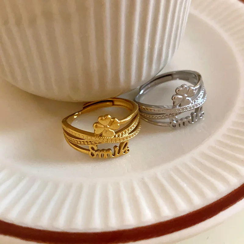 Adjustable Clover Rings With Smile Engraving Pair on Luulla